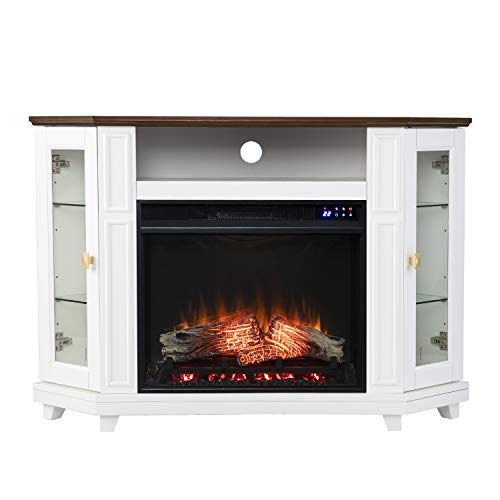 SEI Furniture Dilvon Corner Electric Fireplace TV Stand with Storage for TVs up to 45 Inches, Touch Screen Control Panel, White