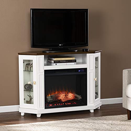 SEI Furniture Dilvon Corner Electric Fireplace TV Stand with Storage for TVs up to 45 Inches, Touch Screen Control Panel, White