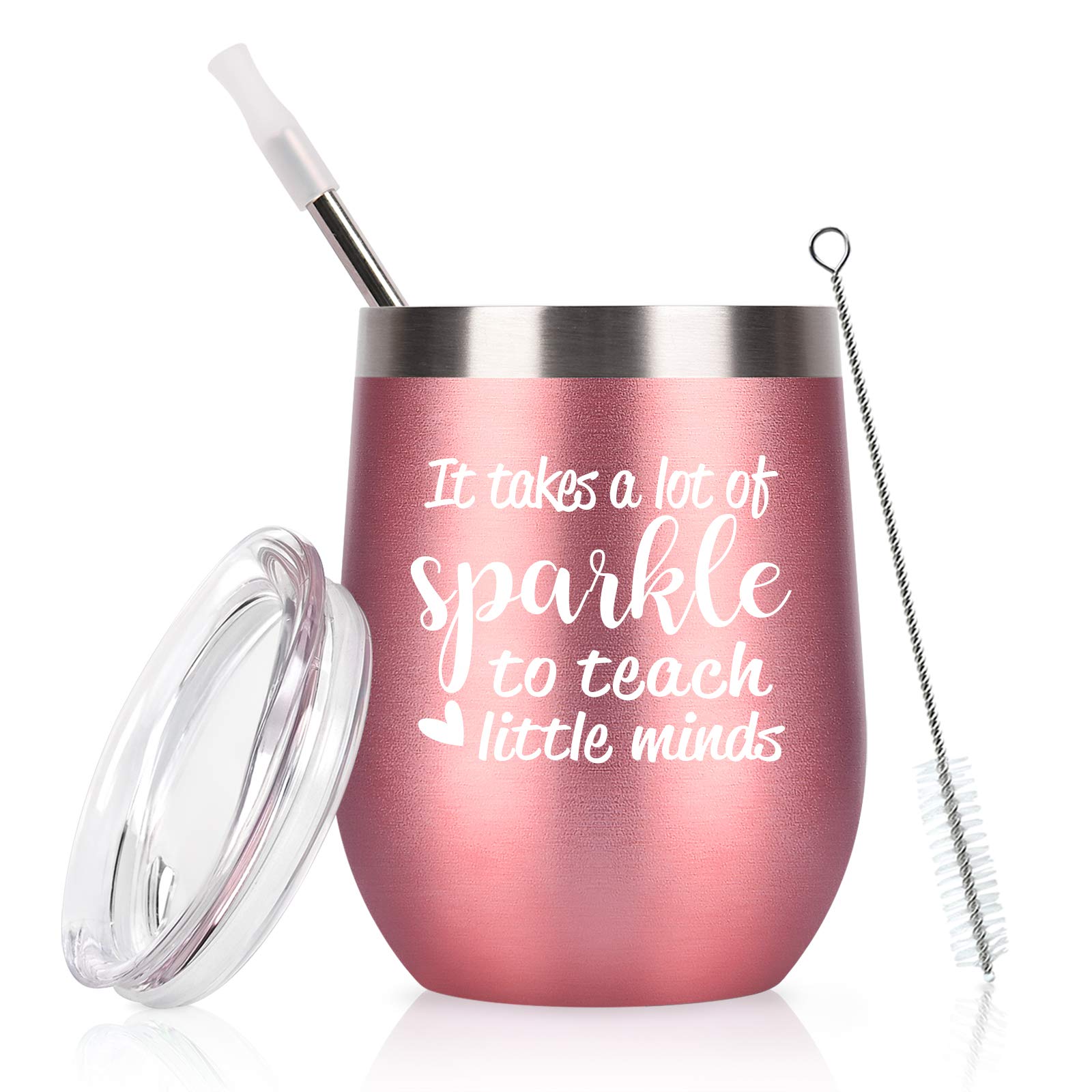 Lifecapido Teacher's Day Gifts, It Takes A Lot of Sparkle to Teach Stainless Steel Wine Tumbler, Birthday Appreciation Teachers Day Thank You Gift for Teacher Tutor Professor Women(12oz, Rose Gold)