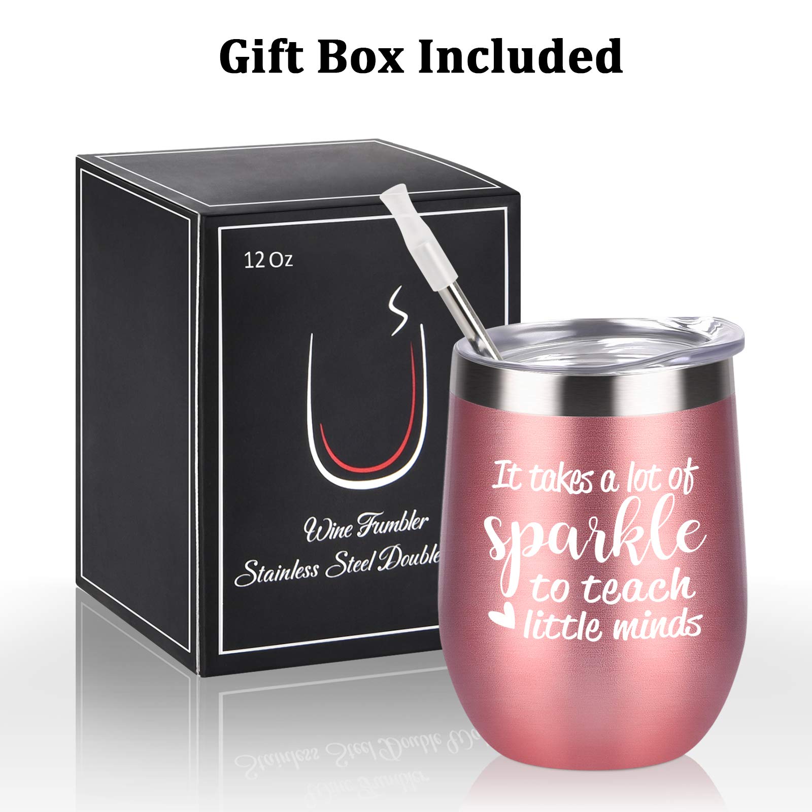 Lifecapido Teacher's Day Gifts, It Takes A Lot of Sparkle to Teach Stainless Steel Wine Tumbler, Birthday Appreciation Teachers Day Thank You Gift for Teacher Tutor Professor Women(12oz, Rose Gold)