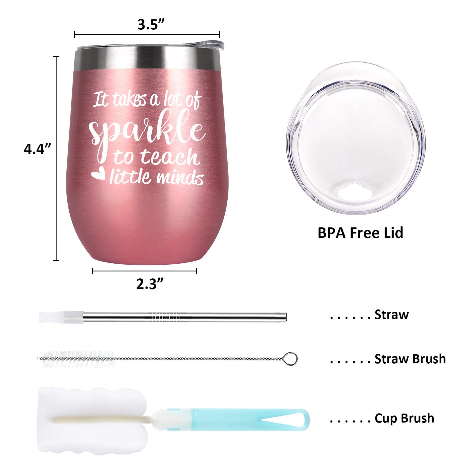 Lifecapido Teacher's Day Gifts, It Takes A Lot of Sparkle to Teach Stainless Steel Wine Tumbler, Birthday Appreciation Teachers Day Thank You Gift for Teacher Tutor Professor Women(12oz, Rose Gold)