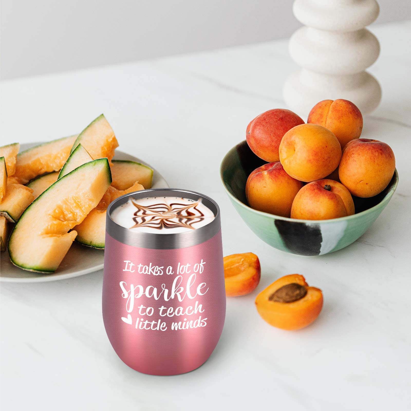 Lifecapido Teacher's Day Gifts, It Takes A Lot of Sparkle to Teach Stainless Steel Wine Tumbler, Birthday Appreciation Teachers Day Thank You Gift for Teacher Tutor Professor Women(12oz, Rose Gold)