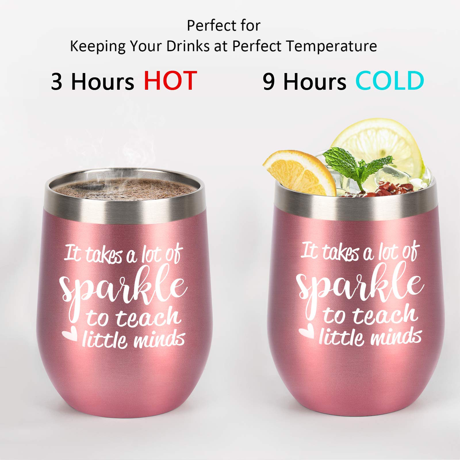 Lifecapido Teacher's Day Gifts, It Takes A Lot of Sparkle to Teach Stainless Steel Wine Tumbler, Birthday Appreciation Teachers Day Thank You Gift for Teacher Tutor Professor Women(12oz, Rose Gold)