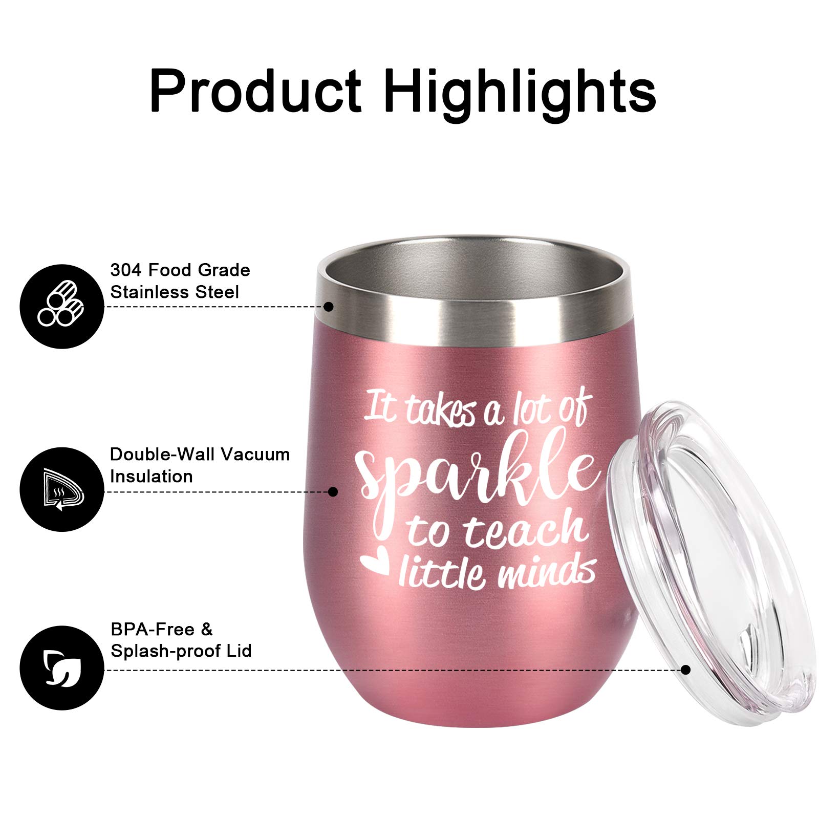 Lifecapido Teacher's Day Gifts, It Takes A Lot of Sparkle to Teach Stainless Steel Wine Tumbler, Birthday Appreciation Teachers Day Thank You Gift for Teacher Tutor Professor Women(12oz, Rose Gold)