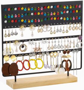 sooyee metal earring holder and jewelry organizer,jewelry rack display classic stand with wood base tray,6 layer 144 holes for hanging earrings piercings,ear stud,black