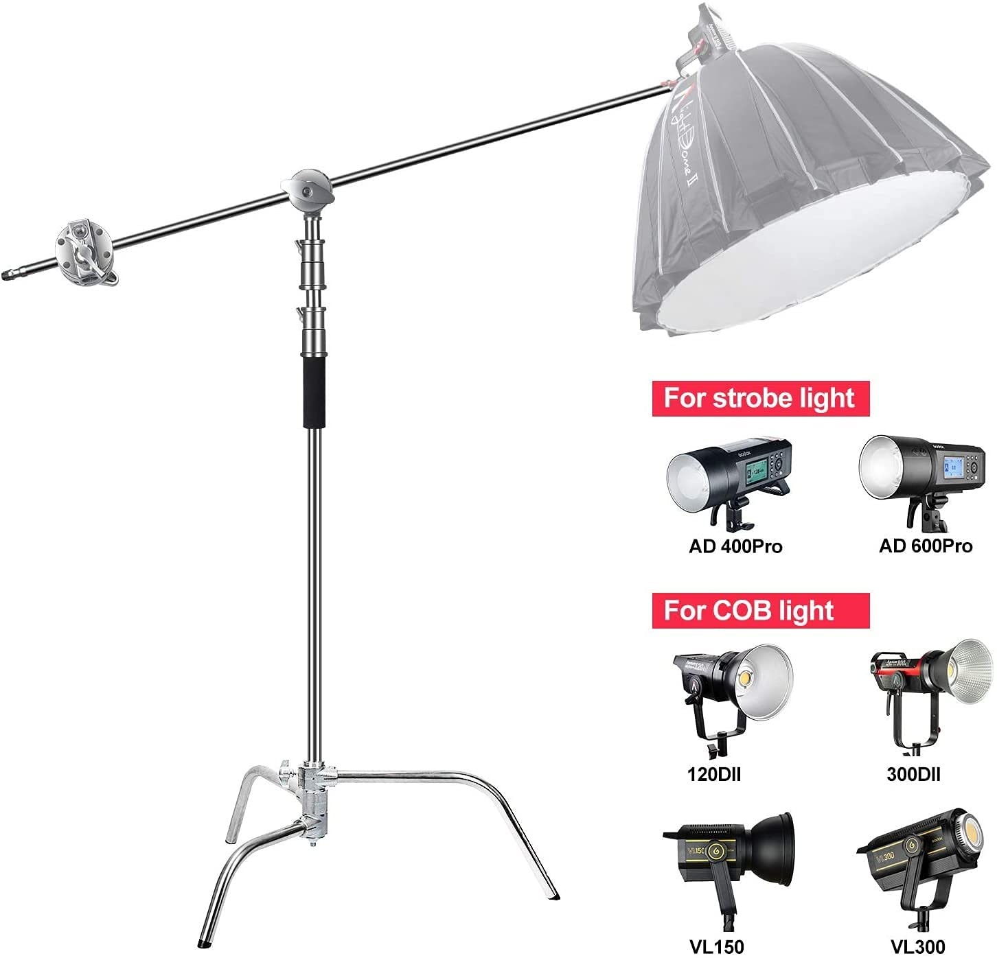 Sokani C Stand with Boom Arm [2023 New Upgrade Version] 100% Metal Max 10.8ft/330cm Adjustable Reflector Stand 4.2ft/128cm Holding Arm and 2 Pieces Grip Head, Bag Sandbag, Fish Mouth Clip included