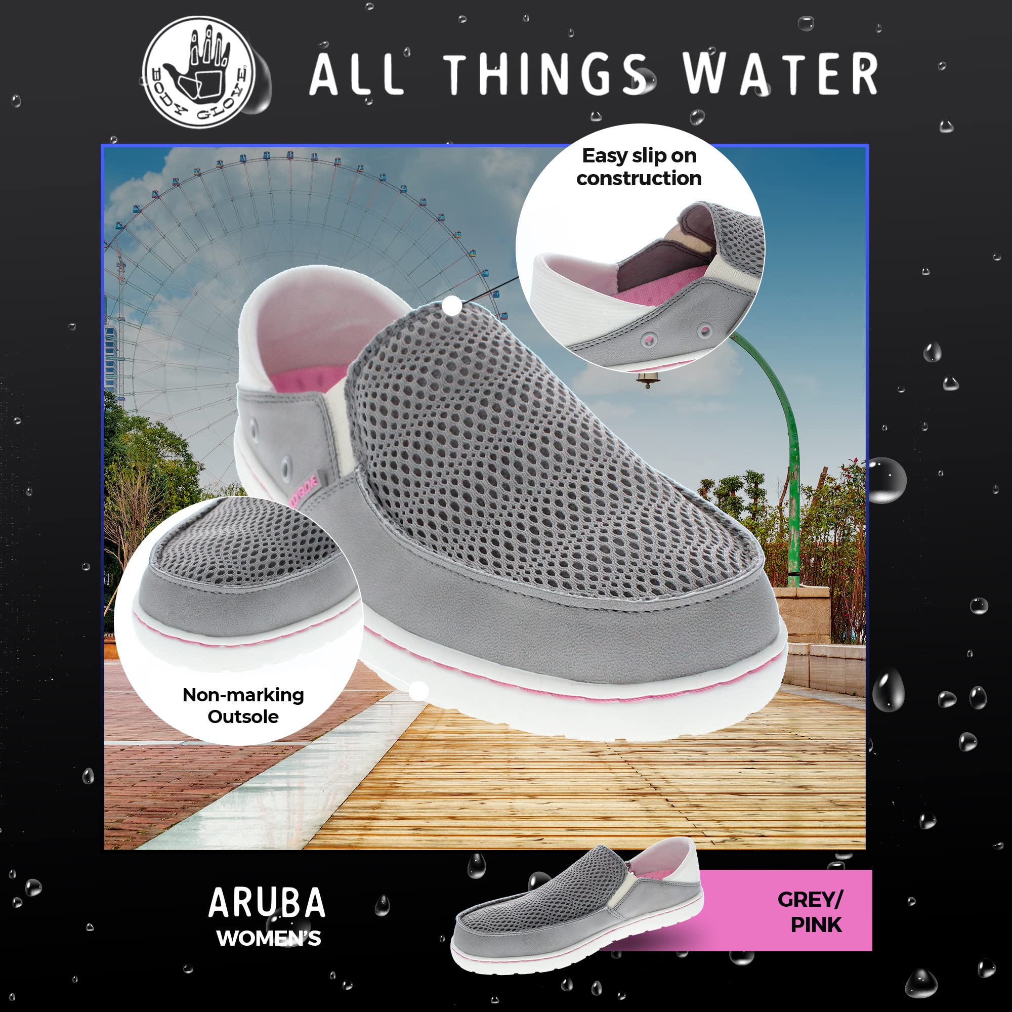 Body Glove Womens Boat Shoes, Aruba Water Shoes, Women's Water Shoes, Fishing Shoes, Casual Shoes, Womens Mesh and Canvas Slip on Shoes Grey/Pink