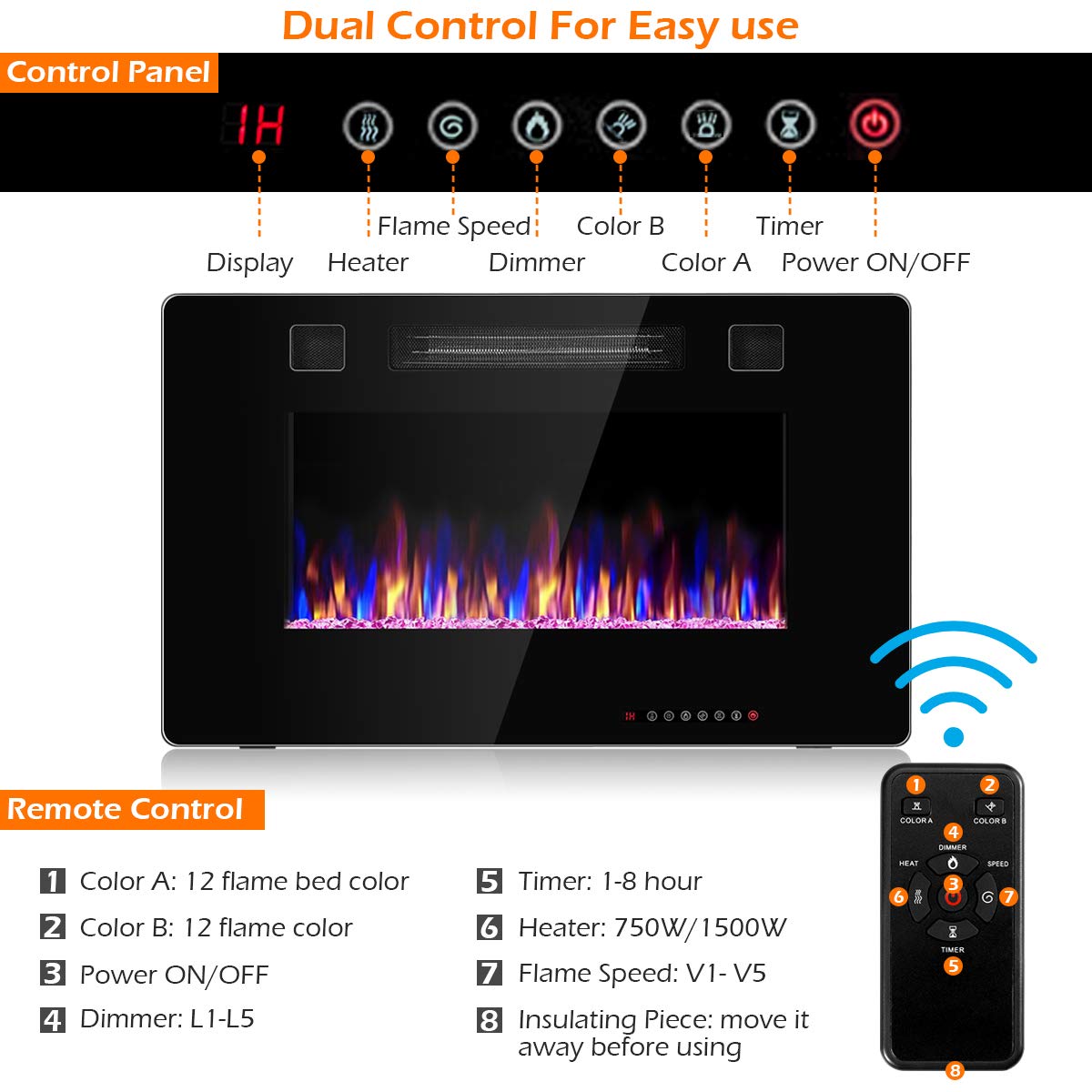 GOFLAME 30 Inch Electric Fireplace Recessed and Wall Mounted, Fireplace Heater in-Wall Built with Remote Control, Timer, Touch Screen, Adjustable Color