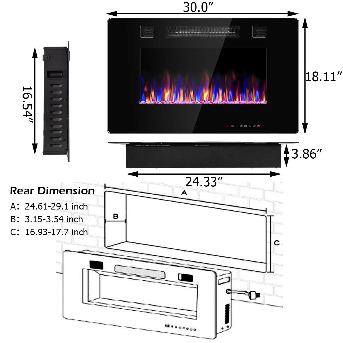 GOFLAME 30 Inch Electric Fireplace Recessed and Wall Mounted, Fireplace Heater in-Wall Built with Remote Control, Timer, Touch Screen, Adjustable Color