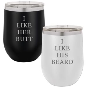 i like his beard, i like her butt wine tumbler set wedding engagement gifts for husband, wife, bride, groom, his and her anniversary, 12 oz stainless steel wine tumbler with lid, black and white