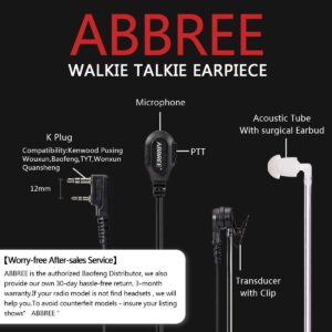 BAOFENG ABBREE Original 2-Pin Detachable Headset Air Acoustic Tube Two Way Radio Earpiece UV-5R BF-888S BF-F8HP 5RM UV-5G Plus UV-21R UV-17R GM-5RH GM-15 PRO K5PLUS Walkie Talkie (2Pack)