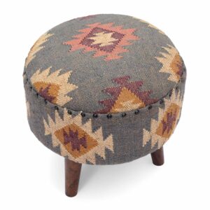 NATURAL FURNISH Handmade Kilim Jute Pouf Ottomans Wooden Seating Stool for Living Room, Bedroom (16" D x 16" W x 16" H) (Grey)