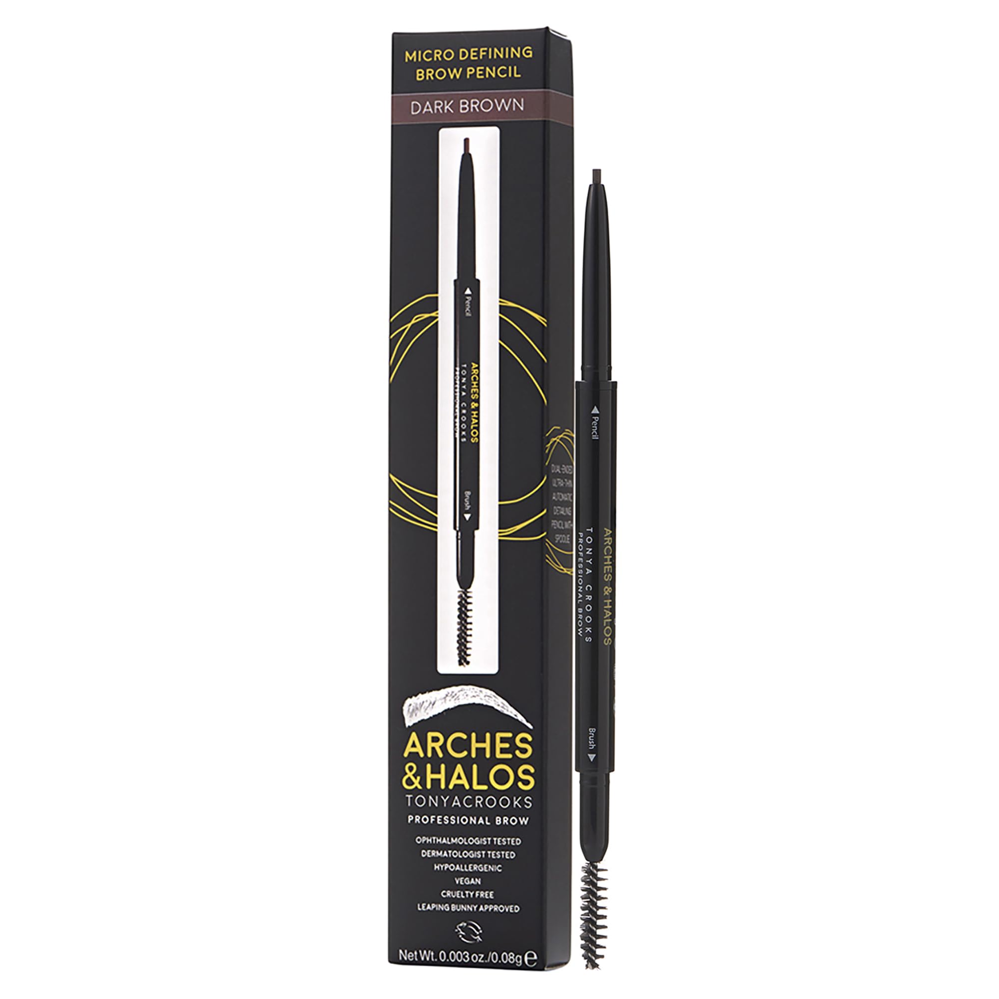 Arches & Halos Micro Defining Brow Pencil - Get Fuller and More Defined Brows - Long-Lasting, Smudge Proof, Rich Color - Dual Ended Pencil with Brush - Vegan and Cruelty Free - Dark Brown - 0.03 oz