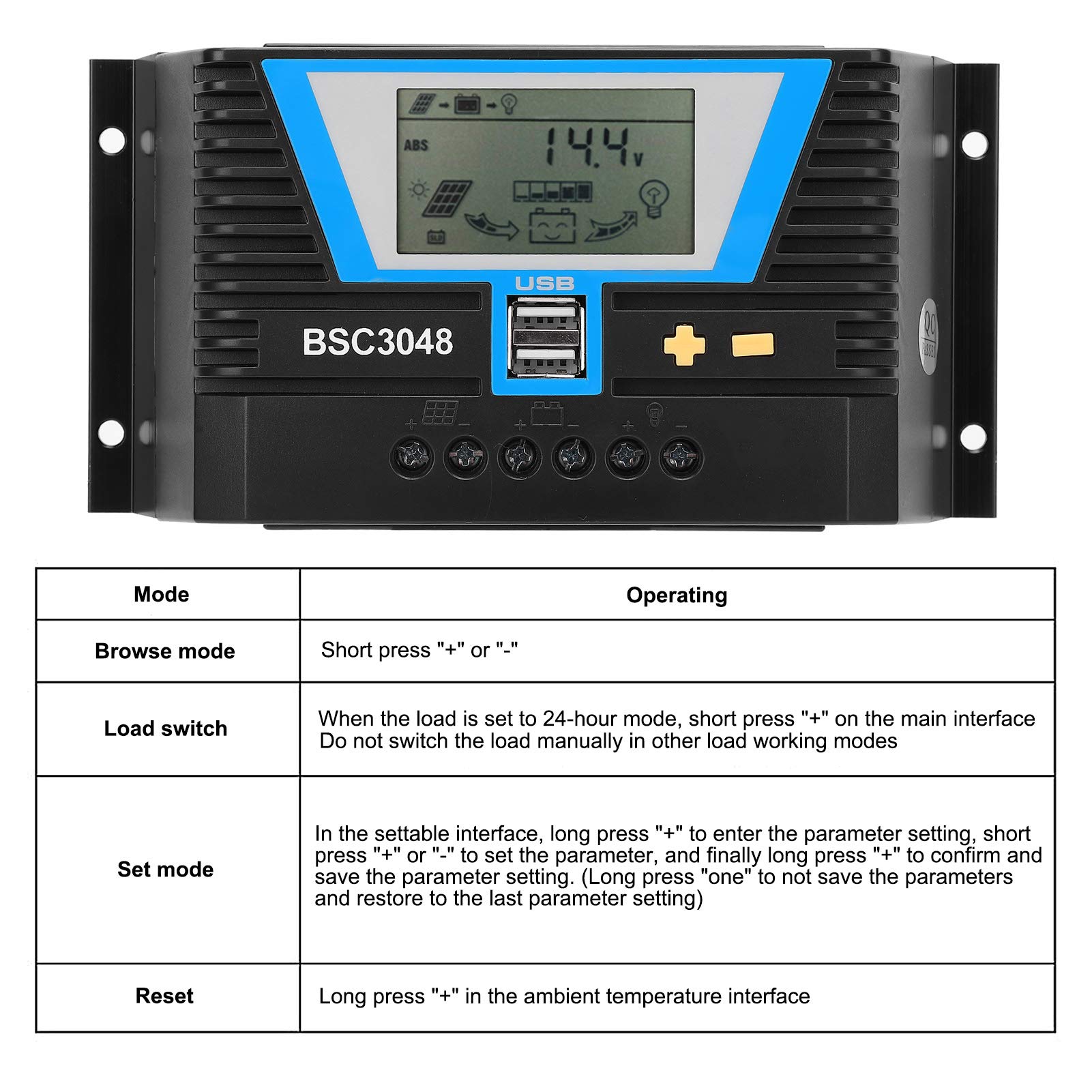 Solar Controller, Intelligent Erengy Controller Strong and Durable 12V/24V/36V/48V BSC3048 Solar Controller for Variety Batteries