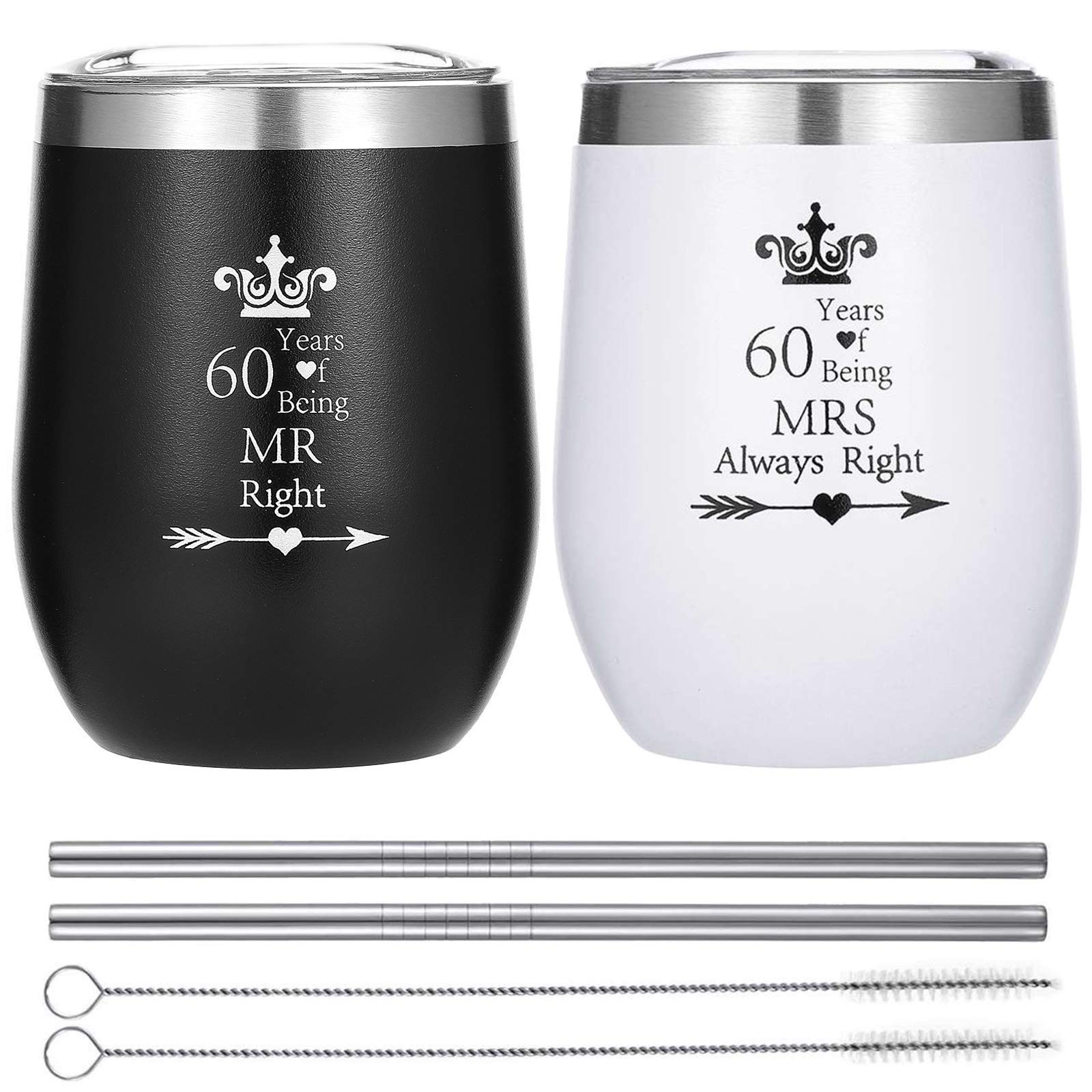 HLIKEM Pack Of 2 Wine Tumbler 60 Years Mr Right Mrs Always Right 60th Wedding Engagement Anniversary Cups for Couple Parents Stainless Steel Wine Glass with Straws and Brush