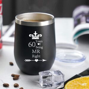 HLIKEM Pack Of 2 Wine Tumbler 60 Years Mr Right Mrs Always Right 60th Wedding Engagement Anniversary Cups for Couple Parents Stainless Steel Wine Glass with Straws and Brush