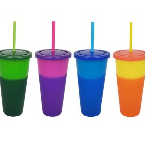 Essential Drinkware 24oz Instant Color Changing Cups Set of 4 Reusable Plastic Tumblers with Screw on Lids and Color Straws