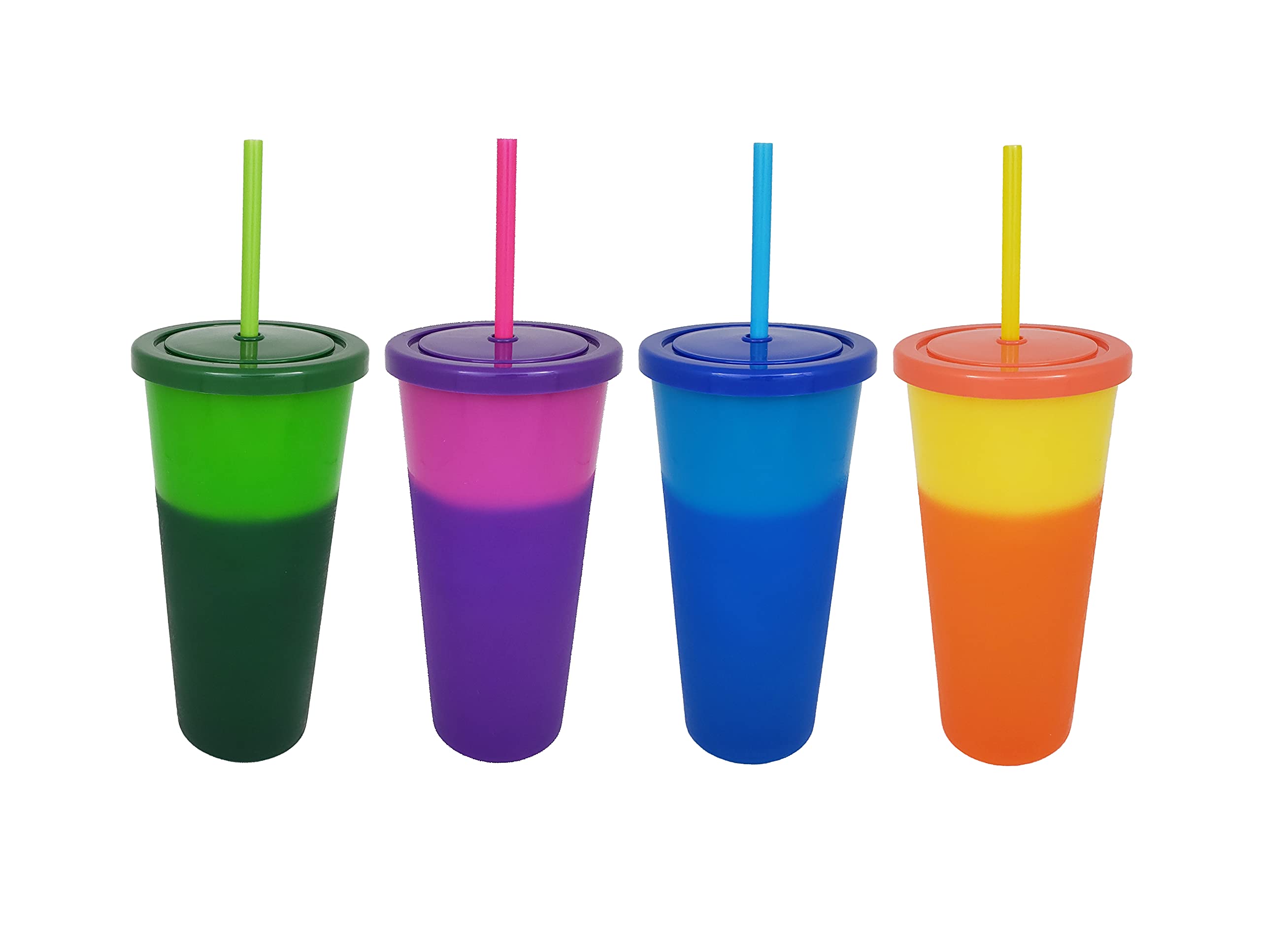 Essential Drinkware 24oz Instant Color Changing Cups Set of 4 Reusable Plastic Tumblers with Screw on Lids and Color Straws