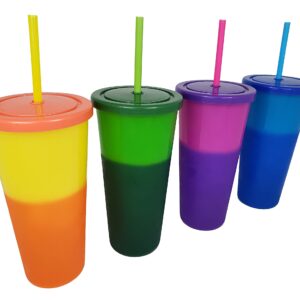 Essential Drinkware 24oz Instant Color Changing Cups Set of 4 Reusable Plastic Tumblers with Screw on Lids and Color Straws