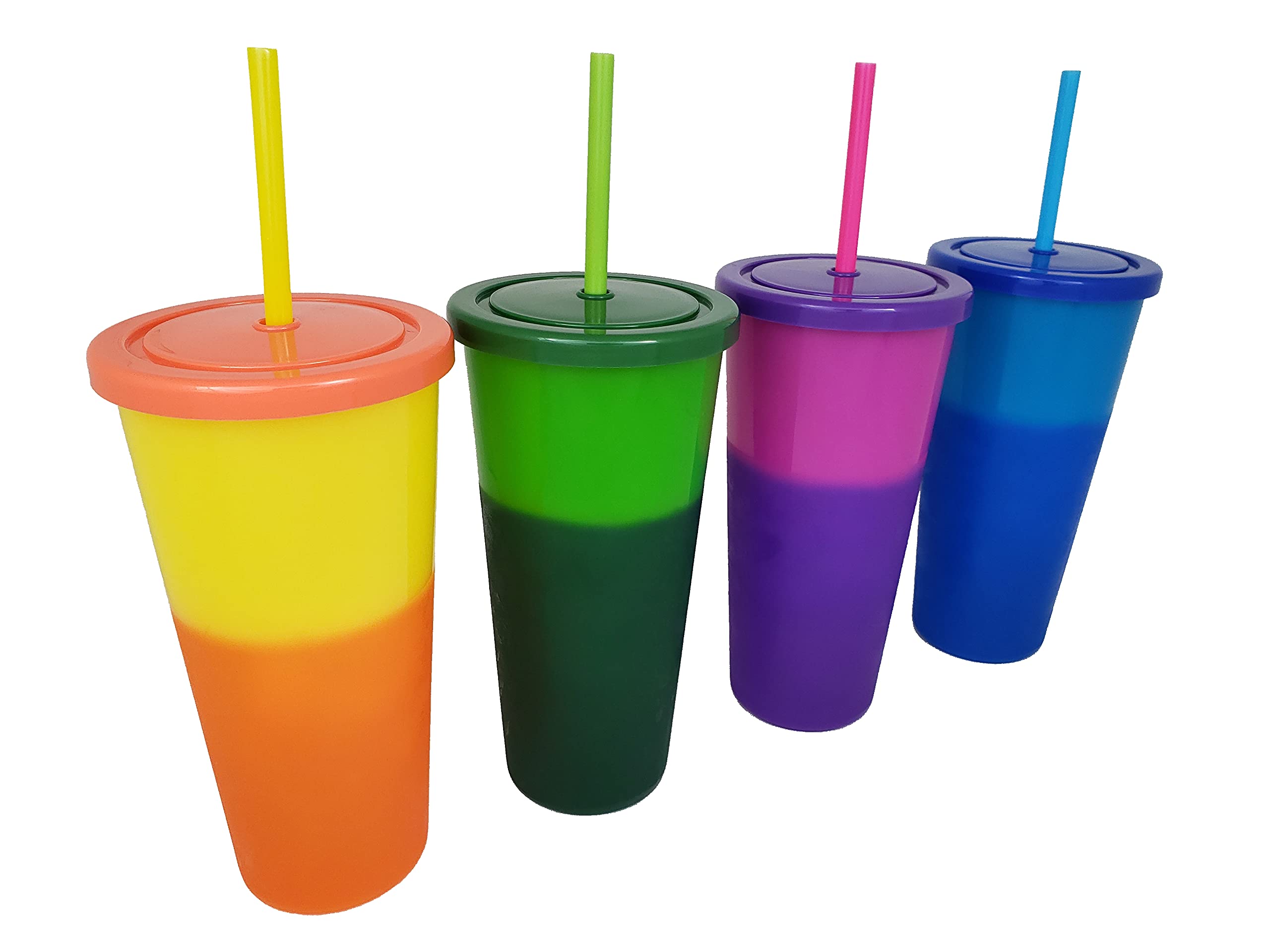 Essential Drinkware 24oz Instant Color Changing Cups Set of 4 Reusable Plastic Tumblers with Screw on Lids and Color Straws