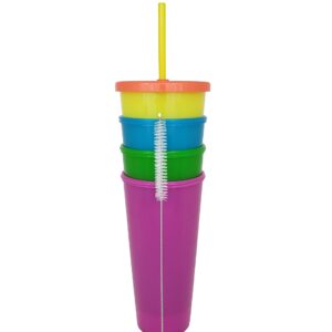 Essential Drinkware 24oz Instant Color Changing Cups Set of 4 Reusable Plastic Tumblers with Screw on Lids and Color Straws