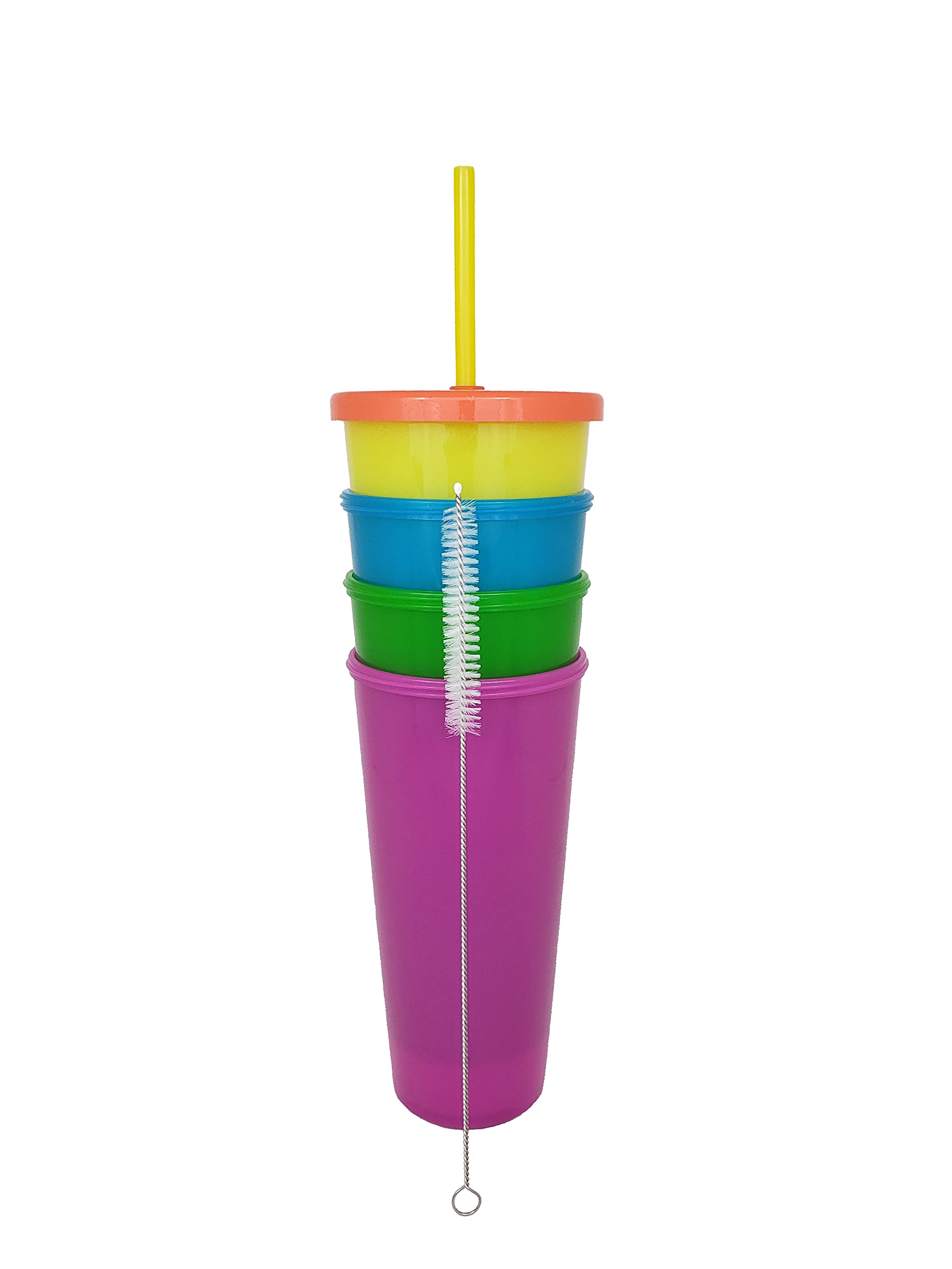 Essential Drinkware 24oz Instant Color Changing Cups Set of 4 Reusable Plastic Tumblers with Screw on Lids and Color Straws