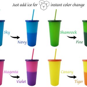 Essential Drinkware 24oz Instant Color Changing Cups Set of 4 Reusable Plastic Tumblers with Screw on Lids and Color Straws