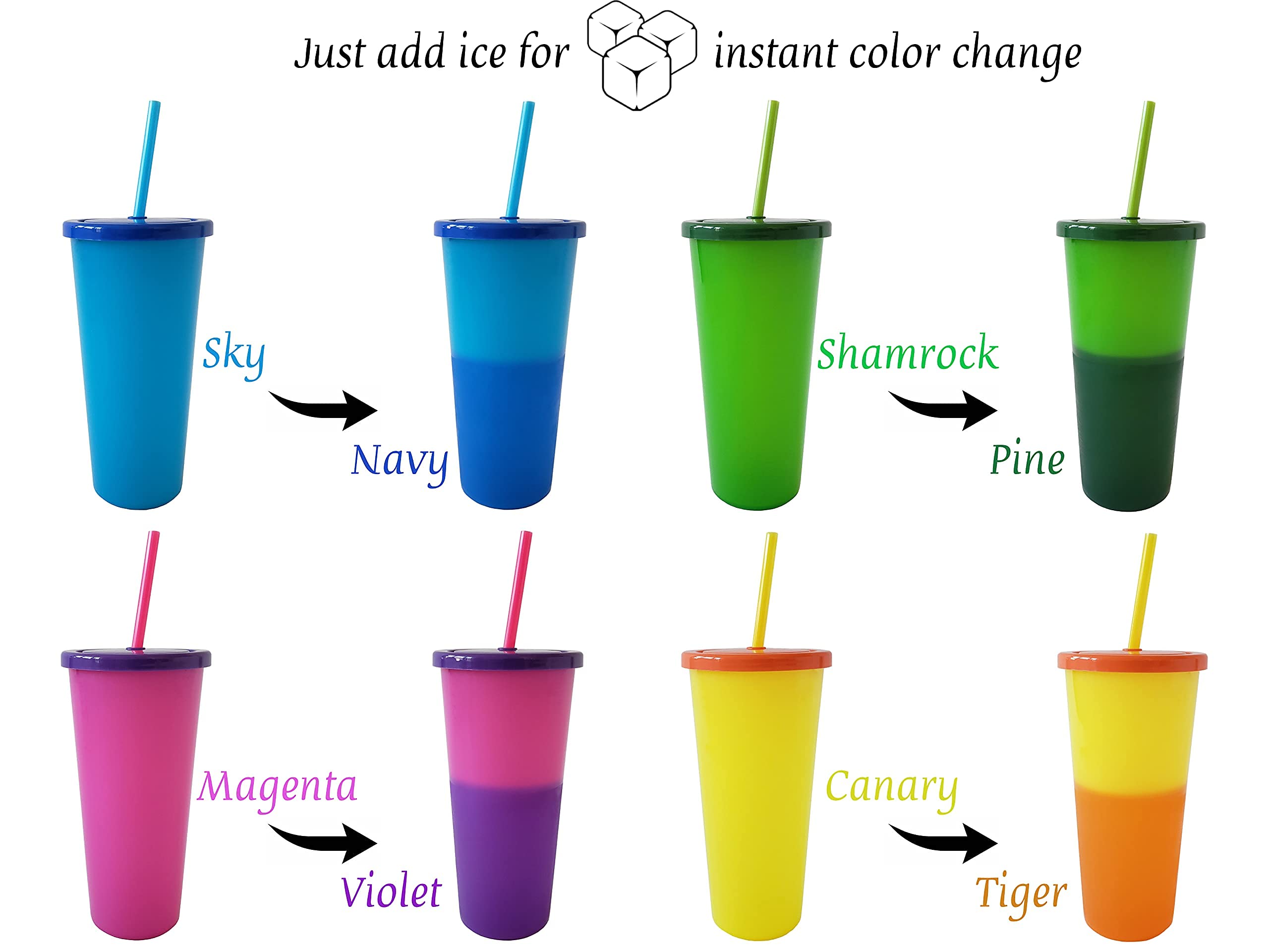 Essential Drinkware 24oz Instant Color Changing Cups Set of 4 Reusable Plastic Tumblers with Screw on Lids and Color Straws