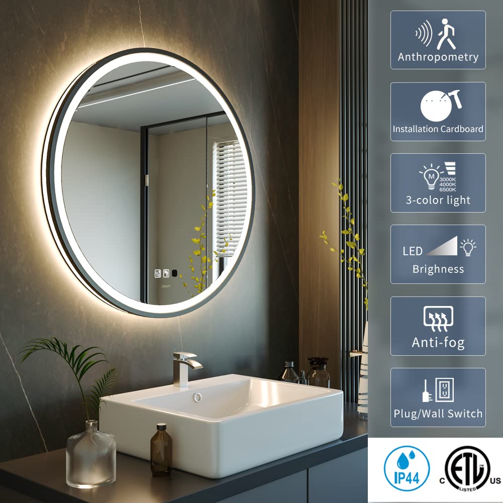 GANPE LED Sensor Mirror, 28 inch Round Human Body Induction, Black Framed Vanity Mirror, Illuminated Dimmable Anti Fog IP44 Waterproof Bathroom Wall Mounted Blacklit Mirror with Lights