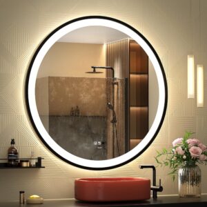 ganpe led sensor mirror, 28 inch round human body induction, black framed vanity mirror, illuminated dimmable anti fog ip44 waterproof bathroom wall mounted blacklit mirror with lights