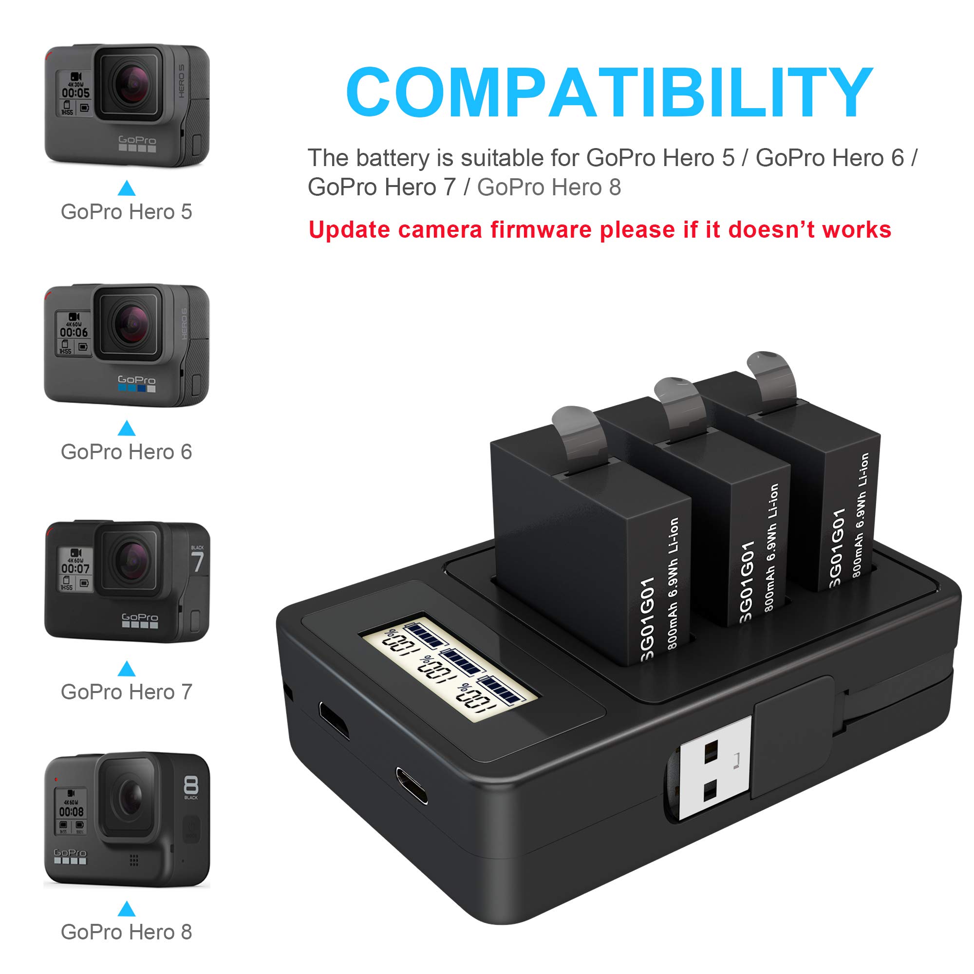 3 Pack Replacement Battery for Gopro Hero 8 Quick Charger Accessories with Digital Monitor 1800mAh Batteries Compatible with GoPro Hero 8 Black Hero 7 Black Hero 6 Black Hero 5 Black