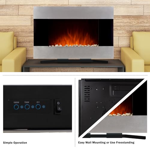 36-Inch Wall Mounted Electric Fireplace - Modern Stainless-Steel Fireplace with Floor Stand, Remote, and Adjustable Heat and Brightness by Northwest