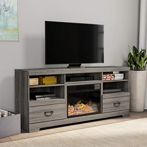 Electric Fireplace TV Stand- for TVs up to 65", Media Shelves & 2 Drawers, Remote Control, LED Flames, Adjustable Heat & Light by Lavish Home