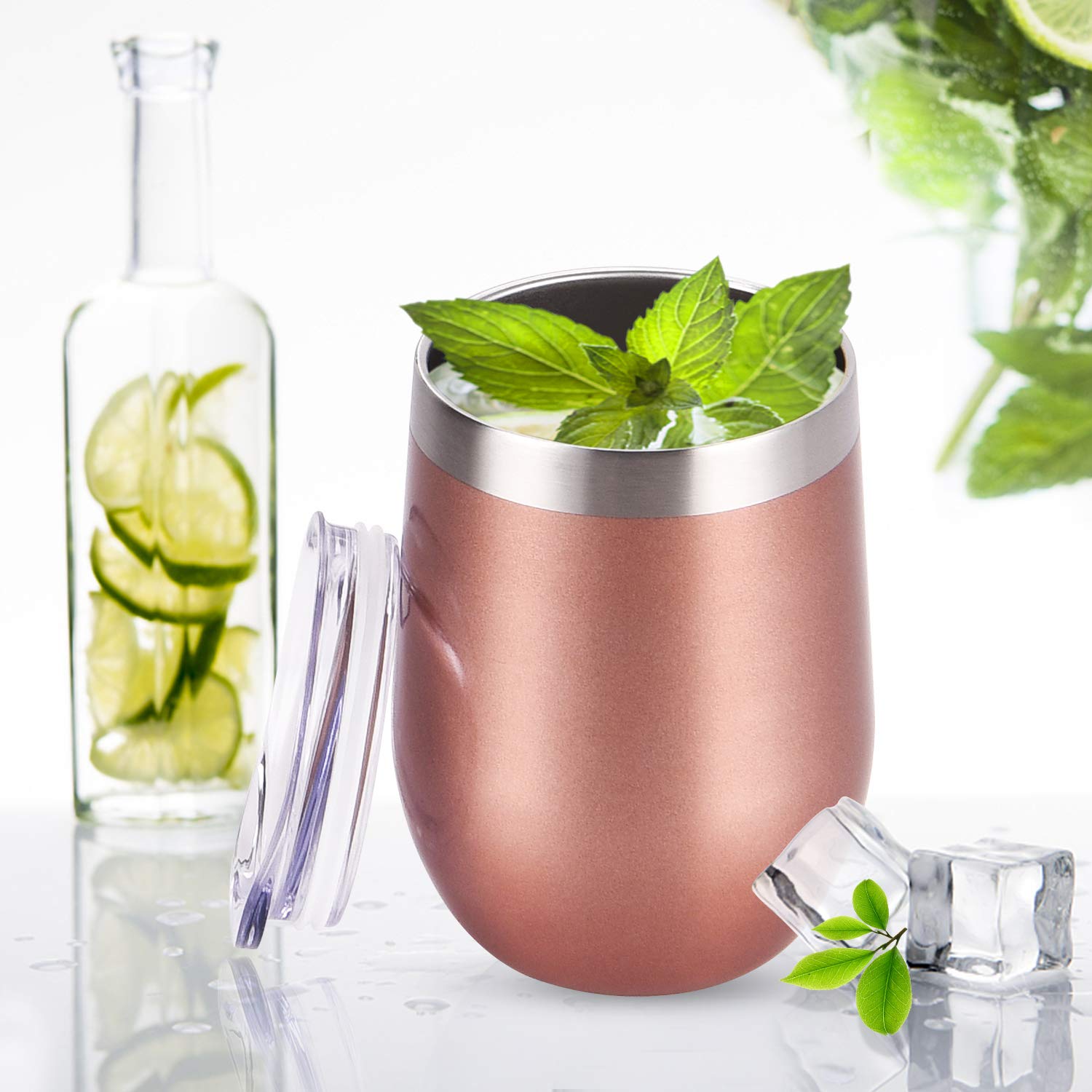 Stainless Steel Wine Tumbler 12Oz, Double Wall Vacuum Insulated Wine Tumbler with Lid and Straw, Stainless Steel Stemless Wine Glass for Wine, Coffee, Cocktails, Champaign, Ice Cream, Rose Gold…