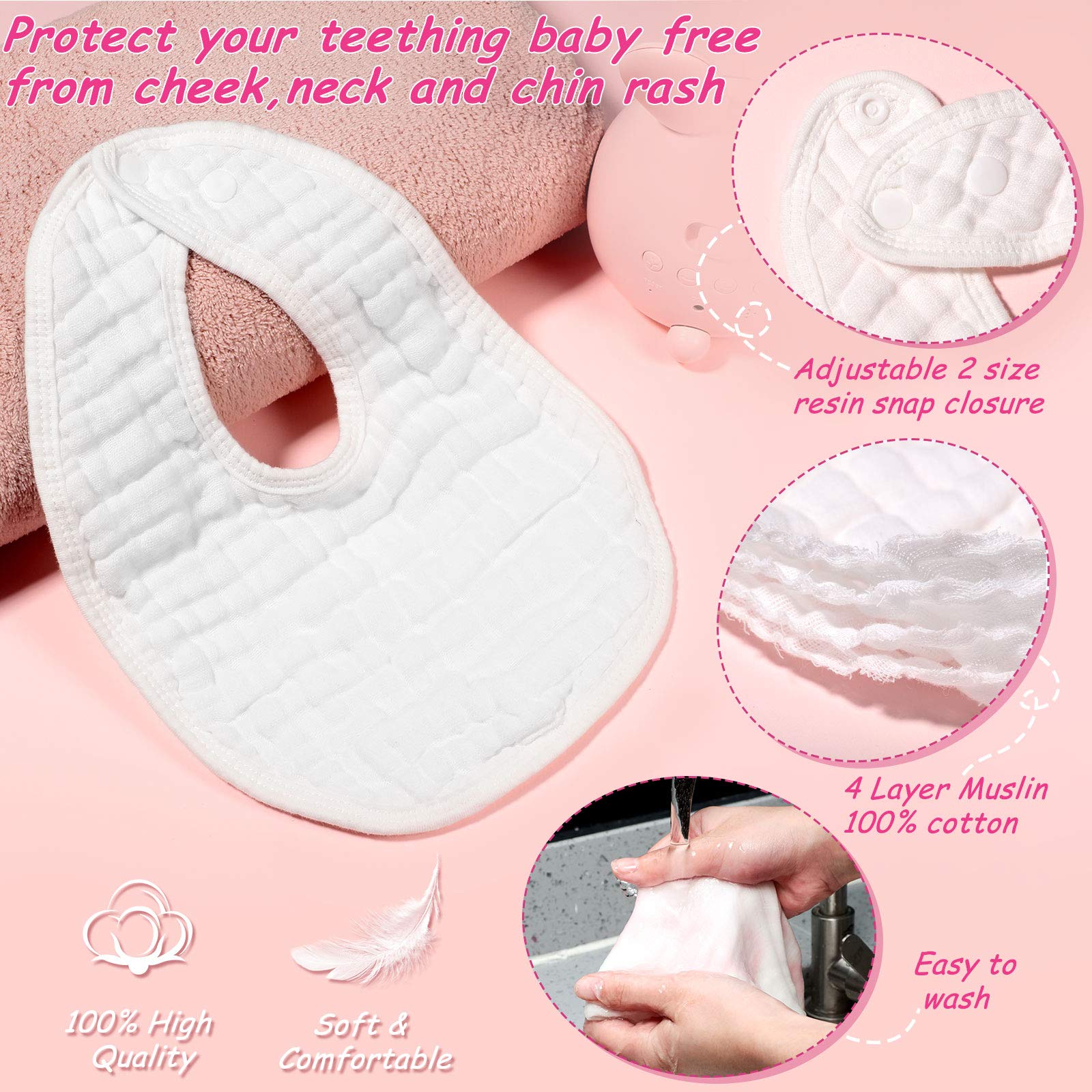 Tatuo 10 Pieces Muslin Baby Bibs Bulk Adjustable Newborn Bandana Drool Bibs for Baby Boy Girl Burping Cloth(White)