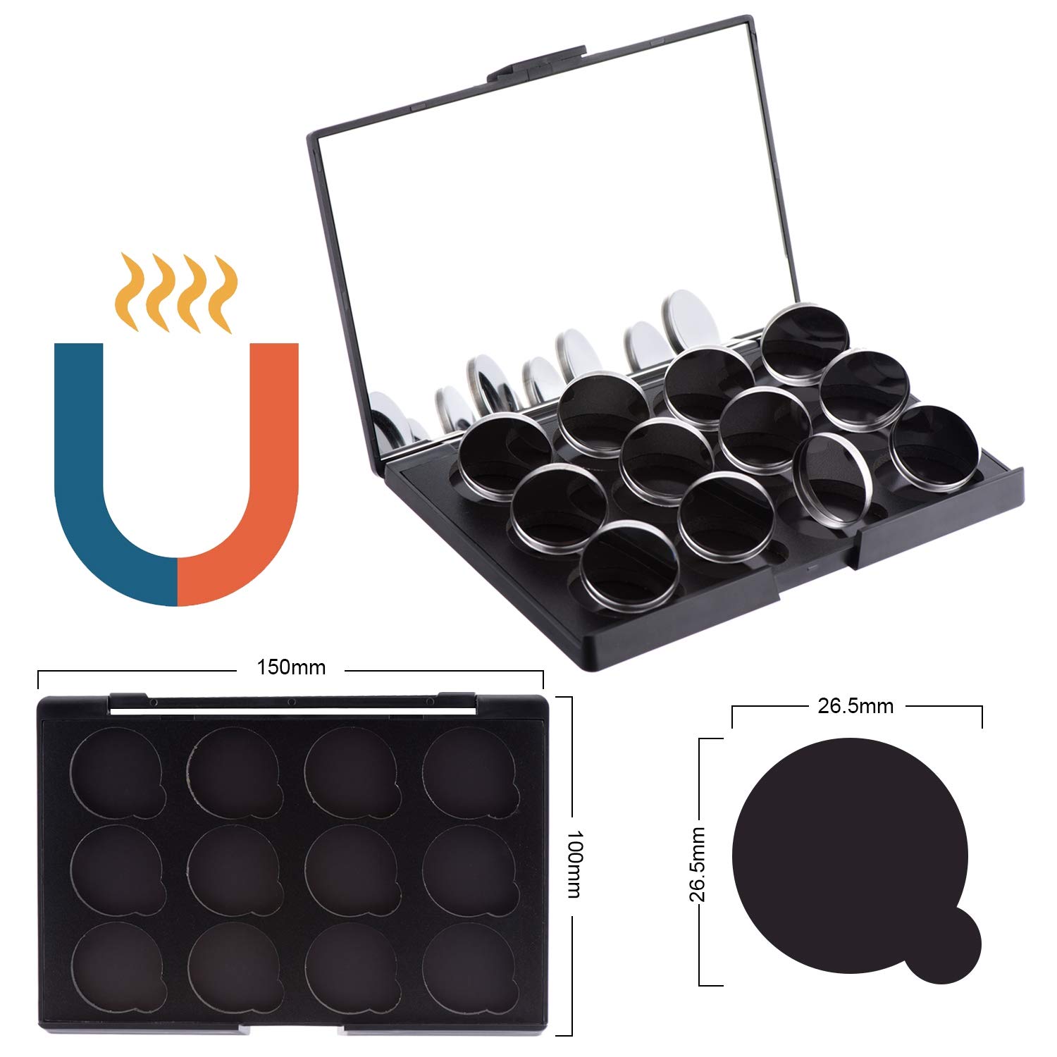 Allwon Empty Magnetic Eyeshadow Makeup Palette with Mirror and 12Pcs 26mm Round Metal Pans