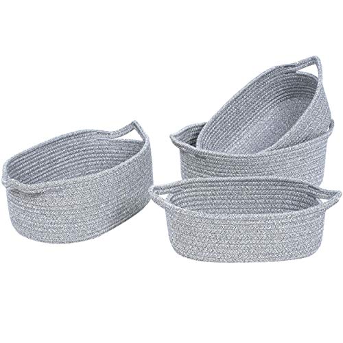 MINTWOOD Design Set of 4 Cotton Rope Nesting Baskets, Decorative Woven Nursery Baskets, Cute Closet Baskets and Bins for Shelves, Table Basket Organizers for Small Accessories, Light Grey Mix