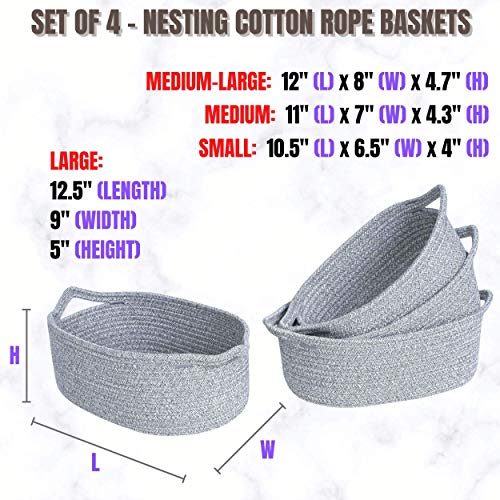 MINTWOOD Design Set of 4 Cotton Rope Nesting Baskets, Decorative Woven Nursery Baskets, Cute Closet Baskets and Bins for Shelves, Table Basket Organizers for Small Accessories, Light Grey Mix