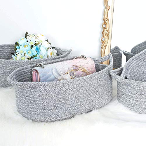 MINTWOOD Design Set of 4 Cotton Rope Nesting Baskets, Decorative Woven Nursery Baskets, Cute Closet Baskets and Bins for Shelves, Table Basket Organizers for Small Accessories, Light Grey Mix