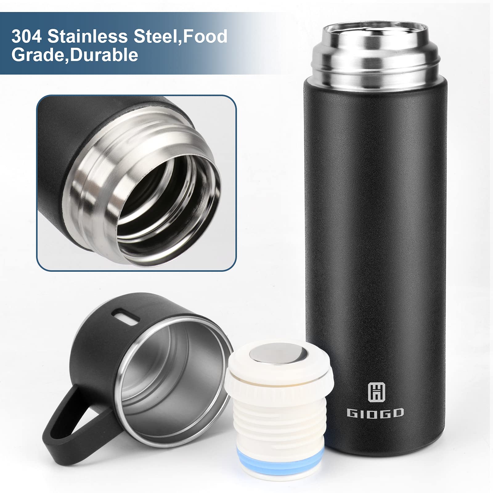 Stainless Steel Thermo 500ml/16.9oz Vacuum Insulated Bottle with Cup for Coffee Hot drink and Cold drink water flask.(Black,Single)