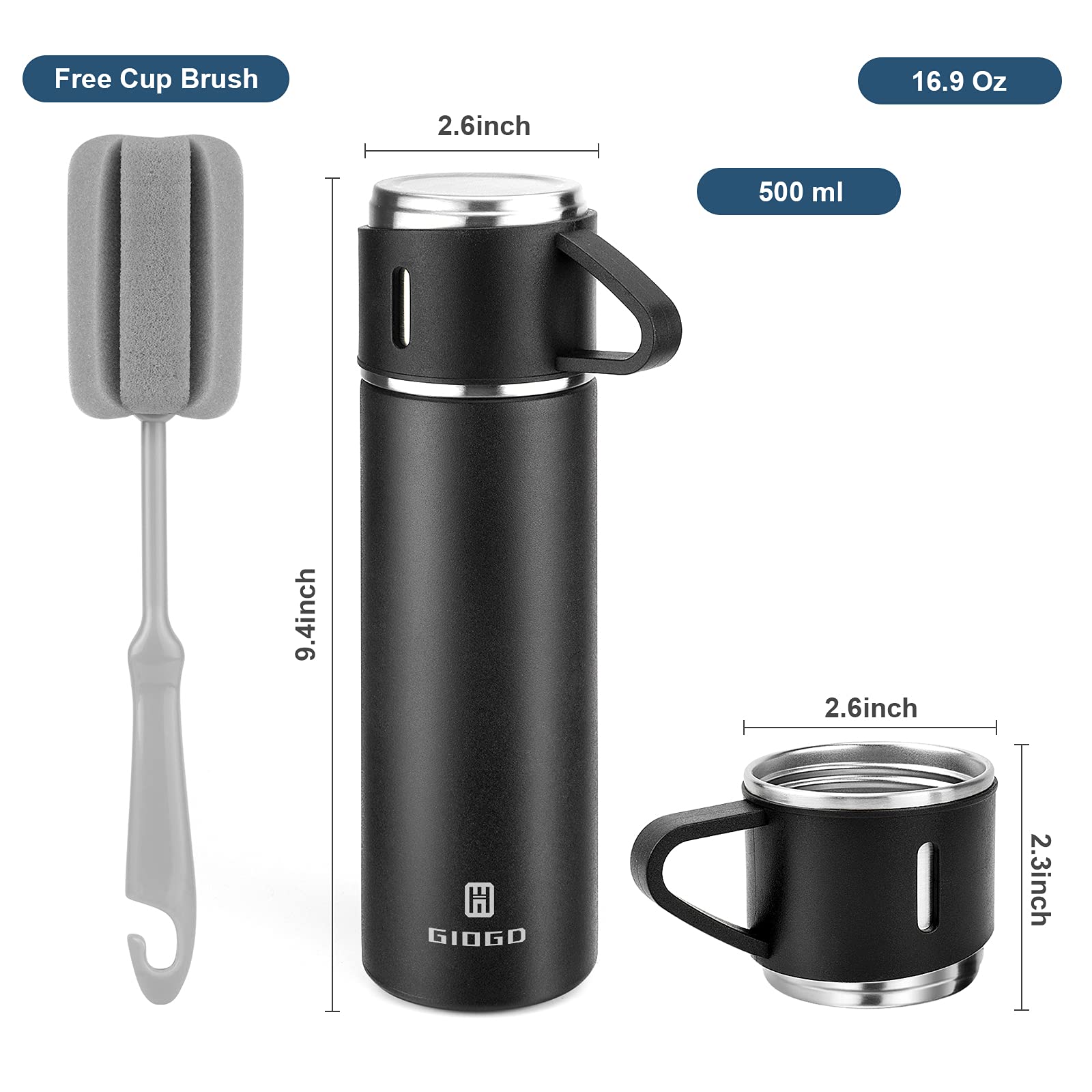 Stainless Steel Thermo 500ml/16.9oz Vacuum Insulated Bottle with Cup for Coffee Hot drink and Cold drink water flask.(Black,Single)