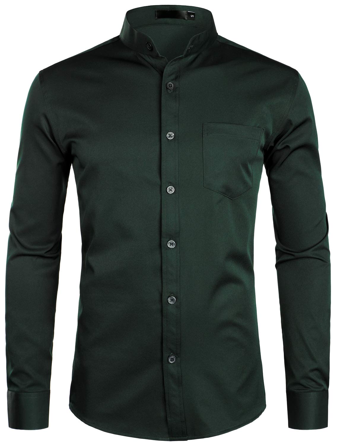 ZEROYAA Men's Banded Collar Slim Fit Long Sleeve Casual Button Down Dress Shirts with Pocket ZLCL09 Deep Forest Green Large