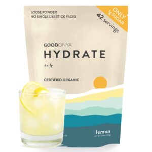 goodonya hydrate electrolyte & mineral powder, 11.9oz, 42 servings - certified organic, real lemon juice, himalayan pink salt, stevia, coconut water, paleo, plant based, no sugar added