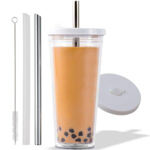 reusable boba cup for large size bubble tea (24 oz), angled straws, leak proof design, double wall insulated bubble tea cup