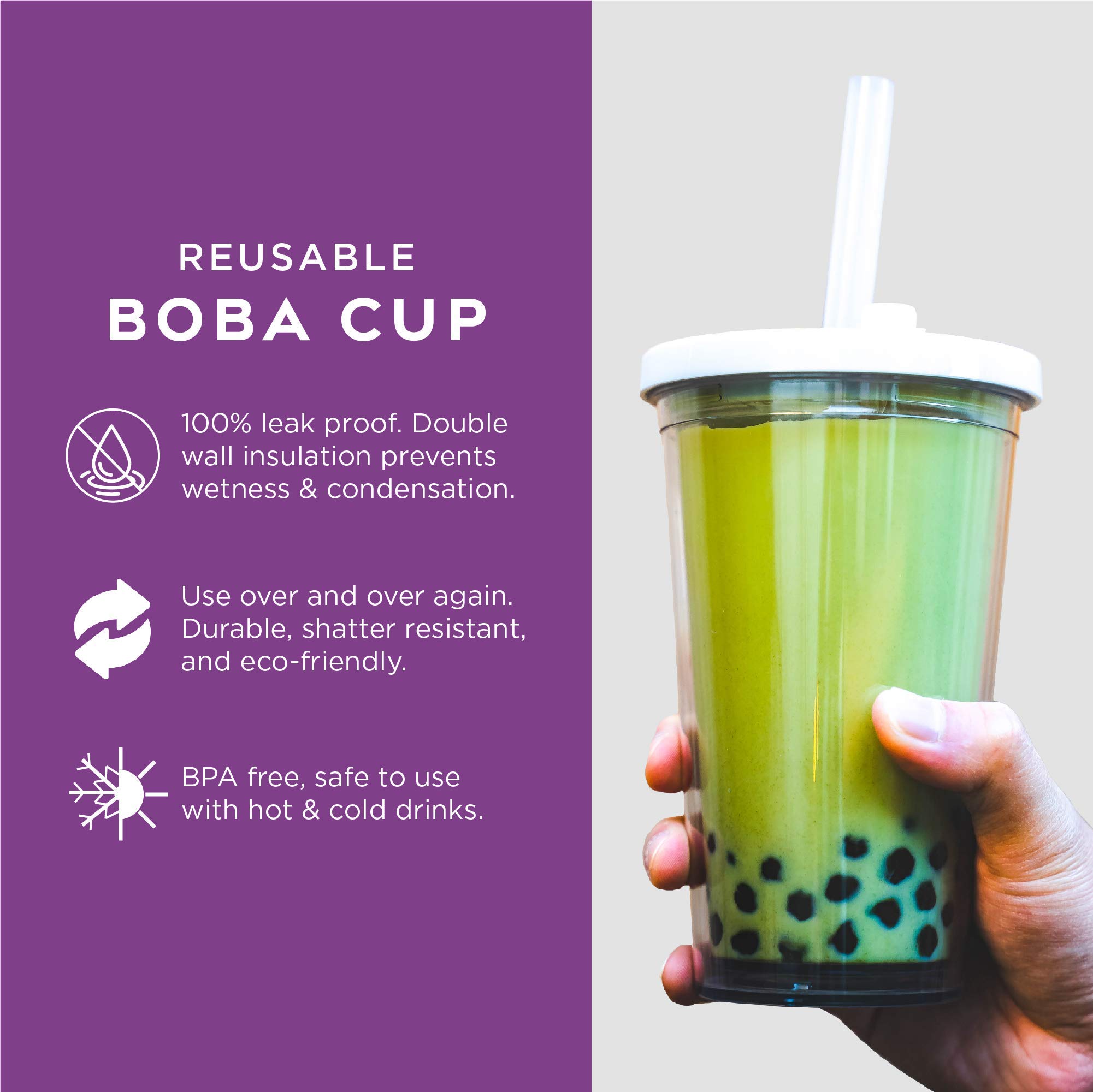 Reusable Boba Cup for Large Size Bubble Tea (24 Oz), Angled Straws, Leak Proof Design, Double Wall Insulated Bubble Tea Cup