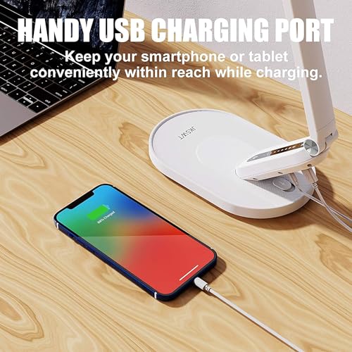 JKSWT LED Desk Lamp for Reading, Eye-Caring Natural Light Protects Eyes Dimmable Office Table Lamps with 5 Color Modes USB Charging Port Touch Control and Memory Function,10W