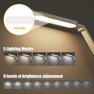 JKSWT LED Desk Lamp for Reading, Eye-Caring Natural Light Protects Eyes Dimmable Office Table Lamps with 5 Color Modes USB Charging Port Touch Control and Memory Function,10W