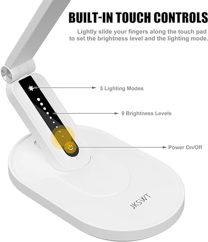 JKSWT LED Desk Lamp for Reading, Eye-Caring Natural Light Protects Eyes Dimmable Office Table Lamps with 5 Color Modes USB Charging Port Touch Control and Memory Function,10W