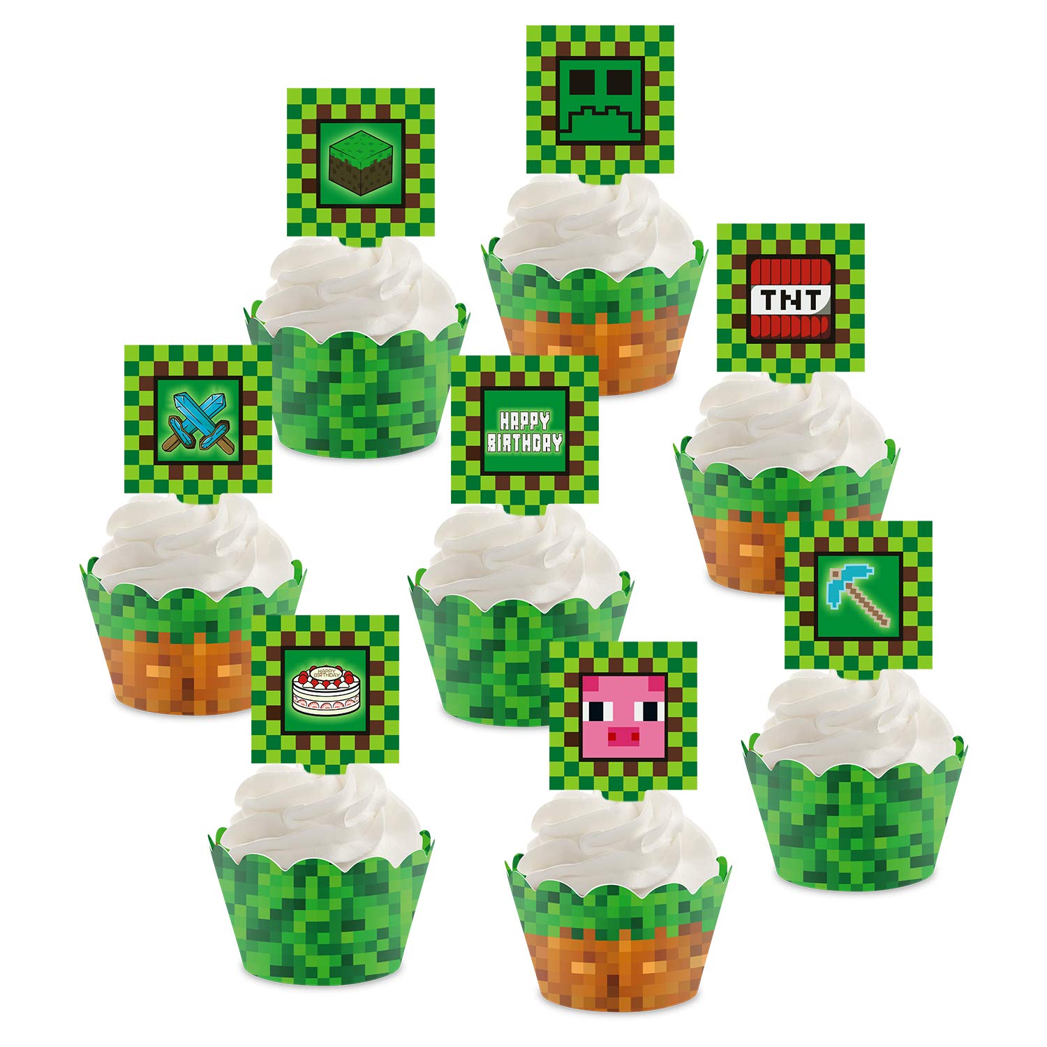 Pixel Miner Cupcake Toppers and Wrappers for Game Party Block Game Birthday Party Printable Cake Decoration and Liners Game Party Supplies 64pcs