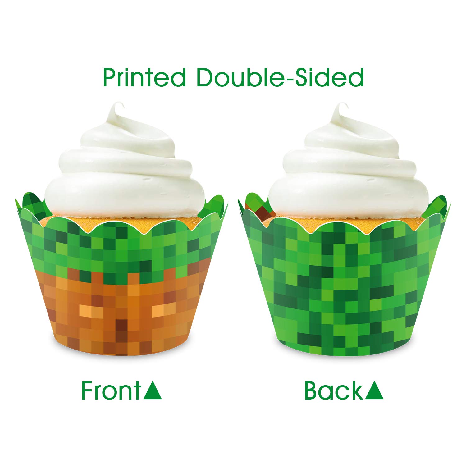 Pixel Miner Cupcake Toppers and Wrappers for Game Party Block Game Birthday Party Printable Cake Decoration and Liners Game Party Supplies 64pcs